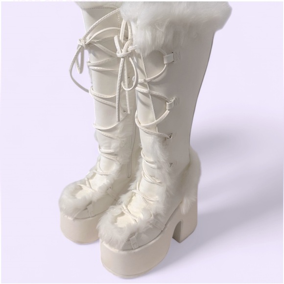 Demonia | Shoes | Demonia White Faux Fur Platform Boots With Lace Up ...